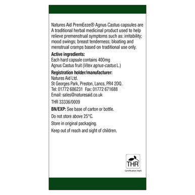 Natures Aid PremEeze Agnus Castus 400mg 60 Capsules | LloydsPharmacy