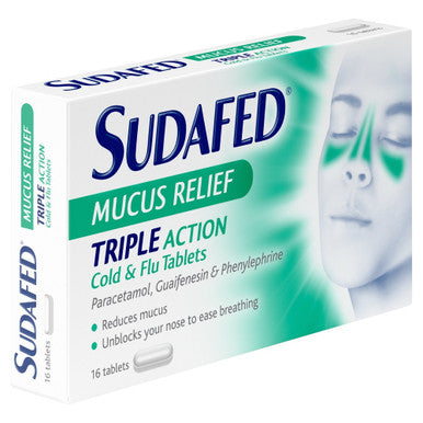 Sudafed Mucus Relief Triple Action Cold and Flu 16 Tablets | LloydsPharmacy